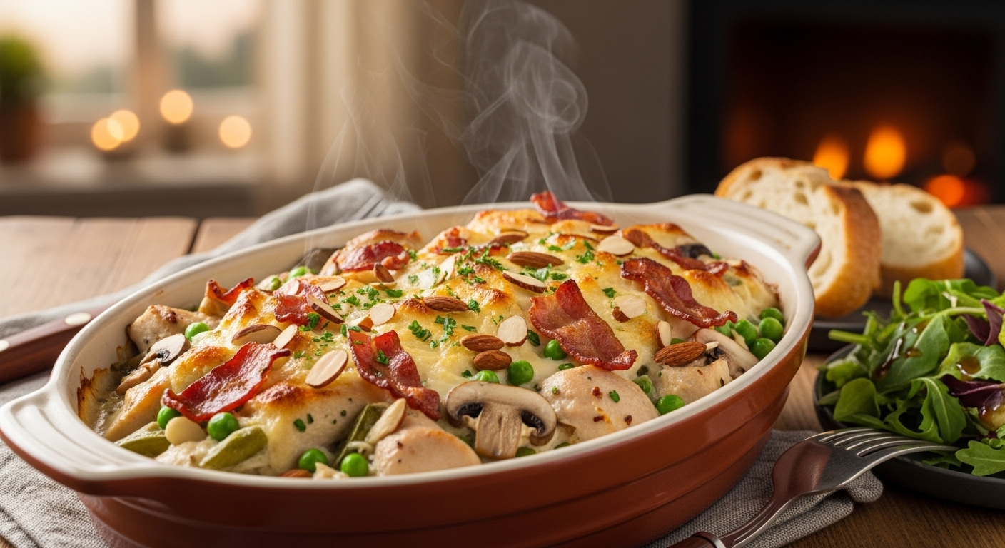 Casserole estilo “conforto” de frango com bacon e amêndoas